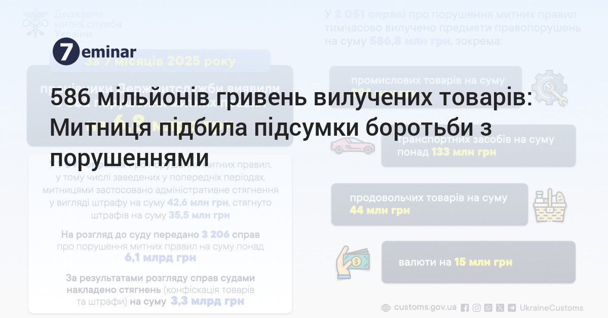 7eminar | 586 мільйонів гривень вилучених товарів: Митниця підбила підсумки боротьби з порушеннями