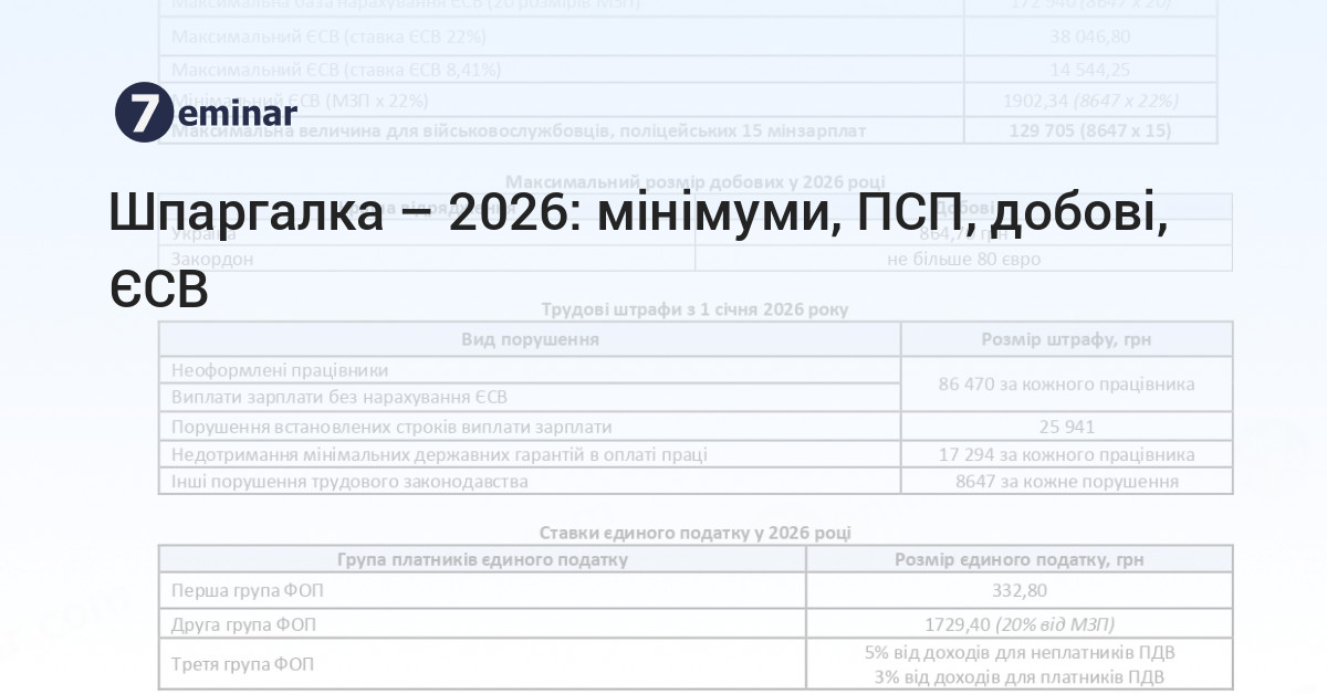 7eminar | Шпаргалка – 2026: мінімуми, ПСП, добові, ЄСВ